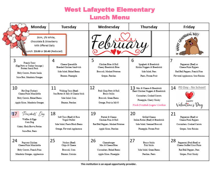Elementary School February Menu | PDF | Pizza | French Cuisine