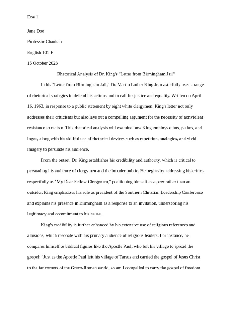 Sample Rhetorical Analysis of Dr. King's Letter | PDF | Martin Luther ...