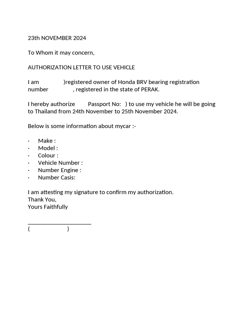 Authorization Letter To Use Vehicle | PDF