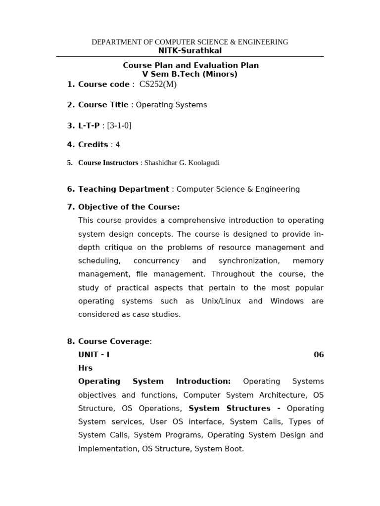 Operating Systems Theory Course Plan (Minors) | PDF | Operating System | Thread (Computing)