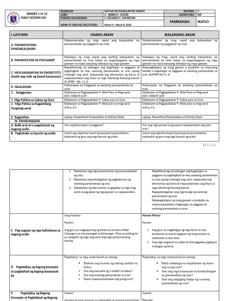 DLL - ESP9 - ARALIN1 3rd Quarter - Suzuki Week 4 | PDF