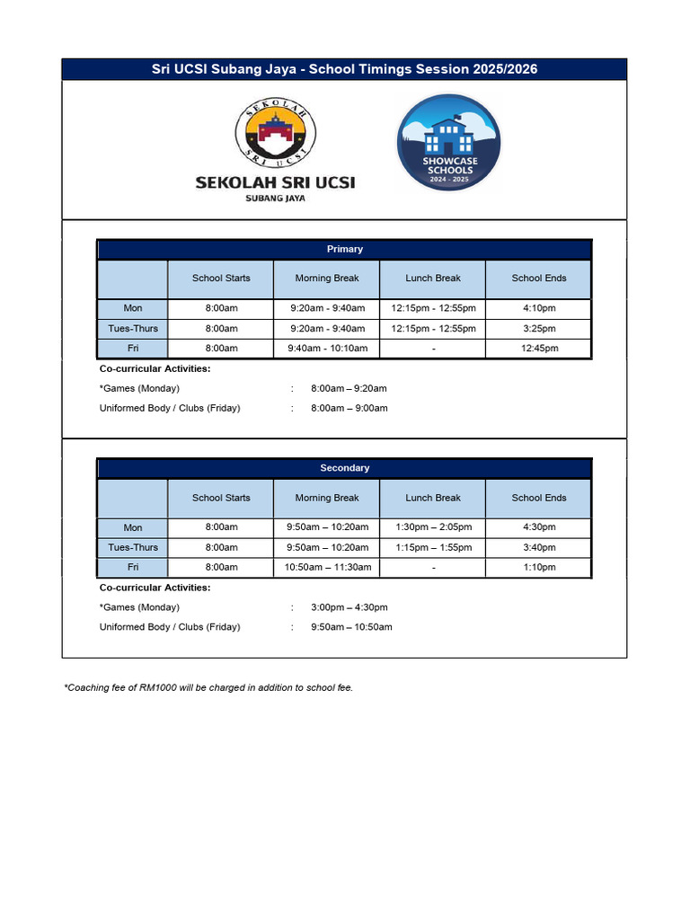 Sri UCSI Subang Jaya Timetable 2025/26 | PDF