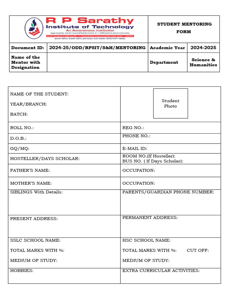 Student Mentoring Form 2024-25 | PDF