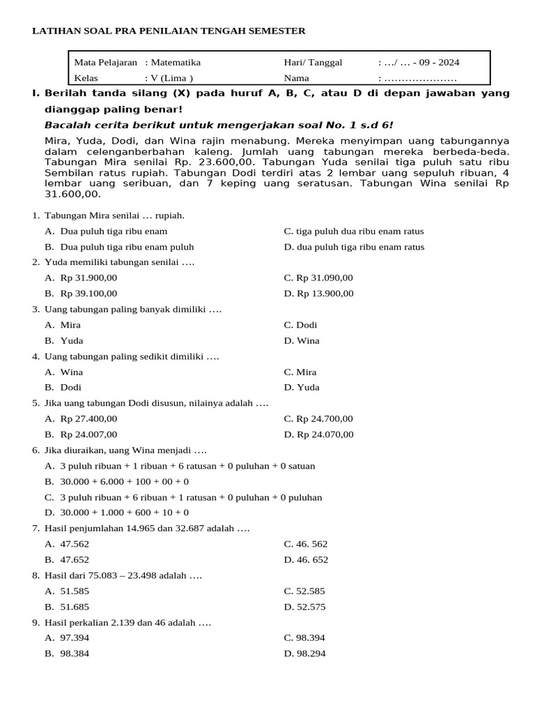 PTS MAtematika Kls 5 2425 | PDF