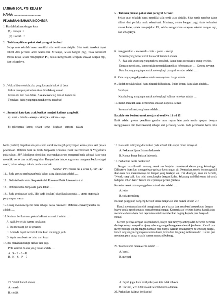 Latihan Soal Pts. 1 Kelas Iv | PDF
