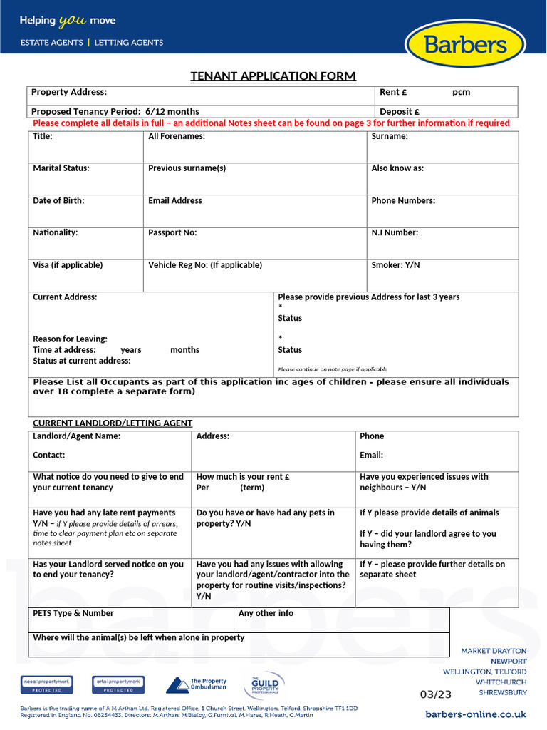 UK Tenant Application Form | PDF | Landlord | Leasehold Estate