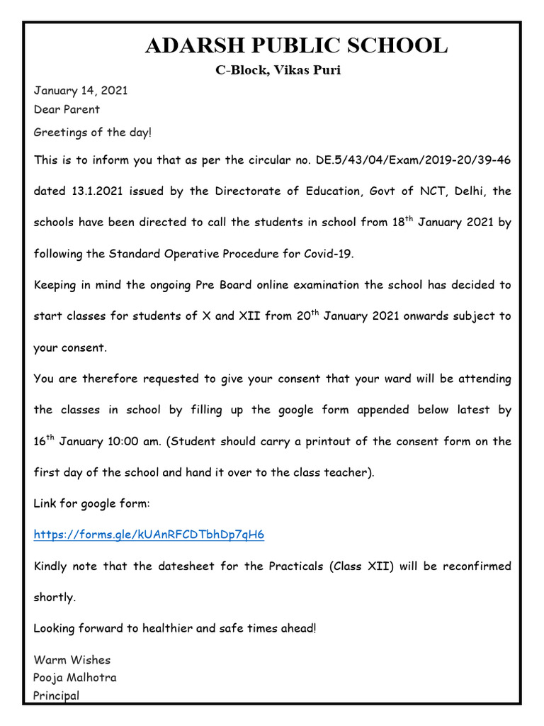 Adarsh Public School: C-Block, Vikas Puri | PDF