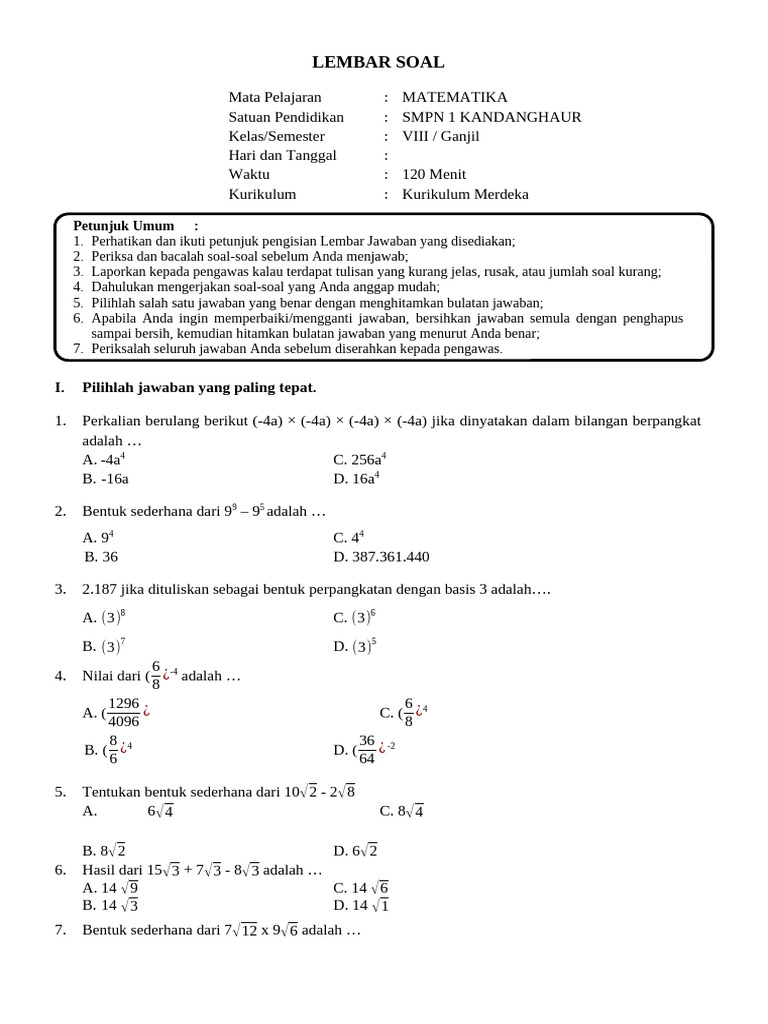 Soal SAS MTK Kelas 8 TA 2024-2025 | PDF