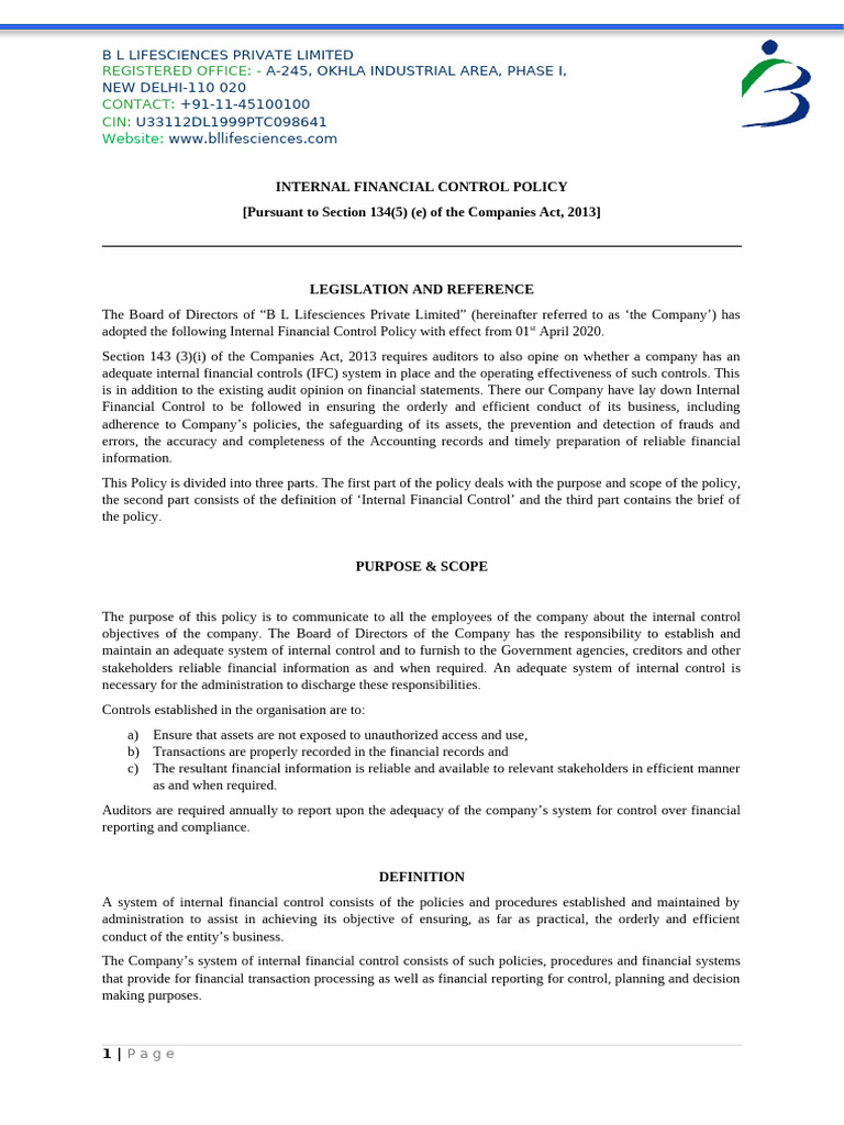 Internal Financial Control - BLLS | PDF | Internal Control | Audit