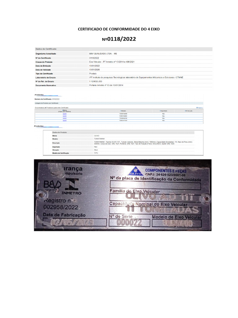 CERTIFICADO DE CONFORMIDADE DO 4 EIXO | PDF