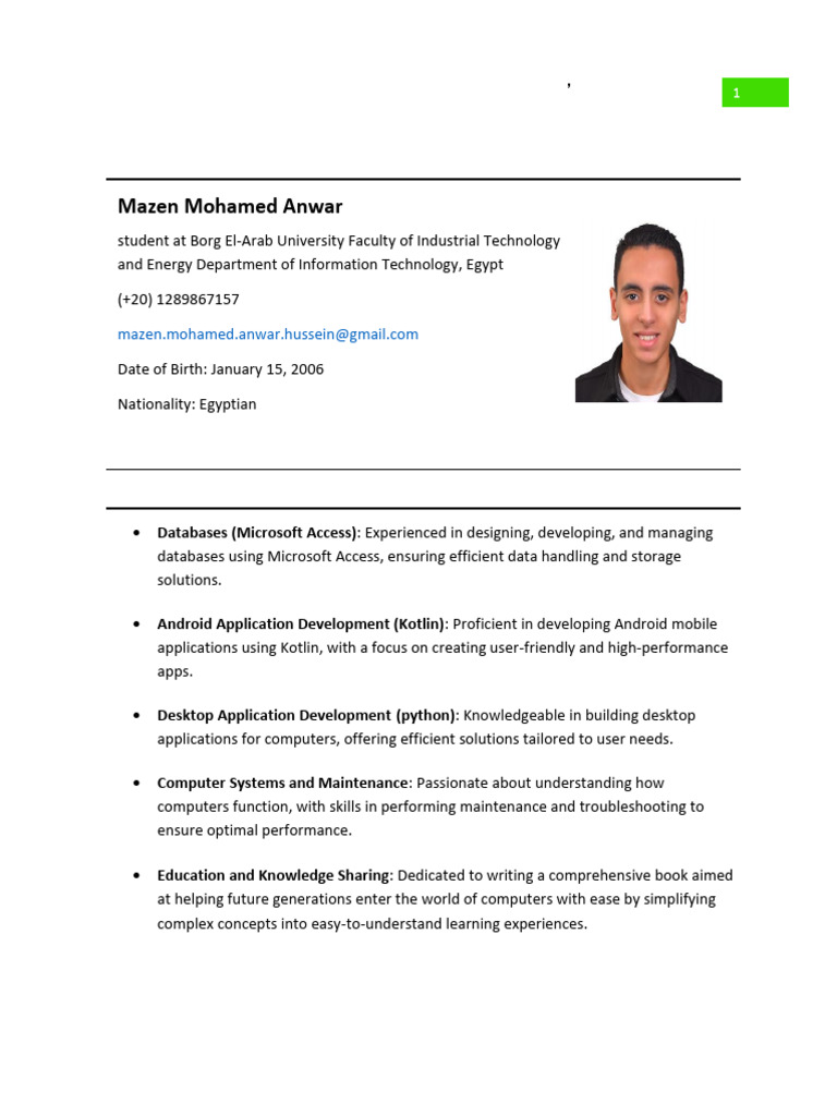 CV for the Student Mazen Mohammed Anwar, IT Department 2024 | PDF ...