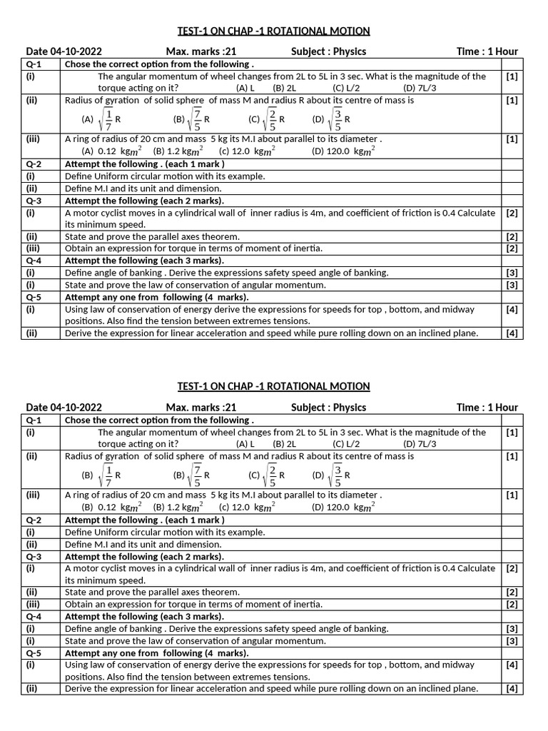 1-Test On Chap-1 Rotational Motion | PDF | Angular Momentum | Torque