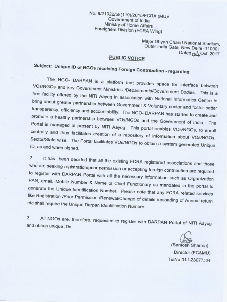 NGO Darpan ID For FCRA | PDF
