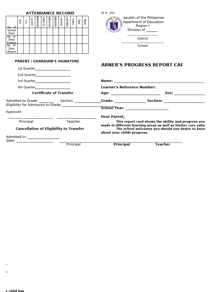 Learners Progress Report Card Template For JHS | PDF | Learning | Behavioural Sciences