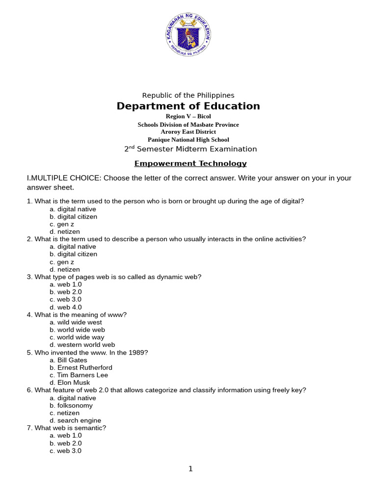 Empowerment Technology MDT Exam | PDF | World Wide Web | Internet & Web