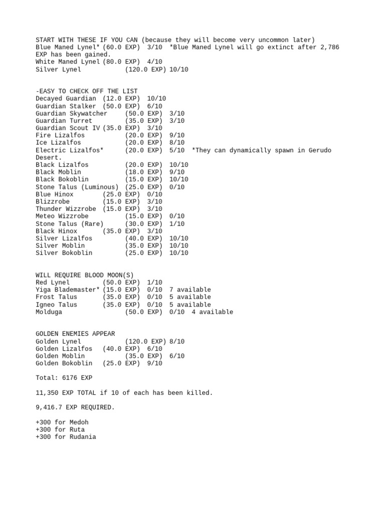 Zelda Enemy EXP Guide and Checklist | PDF