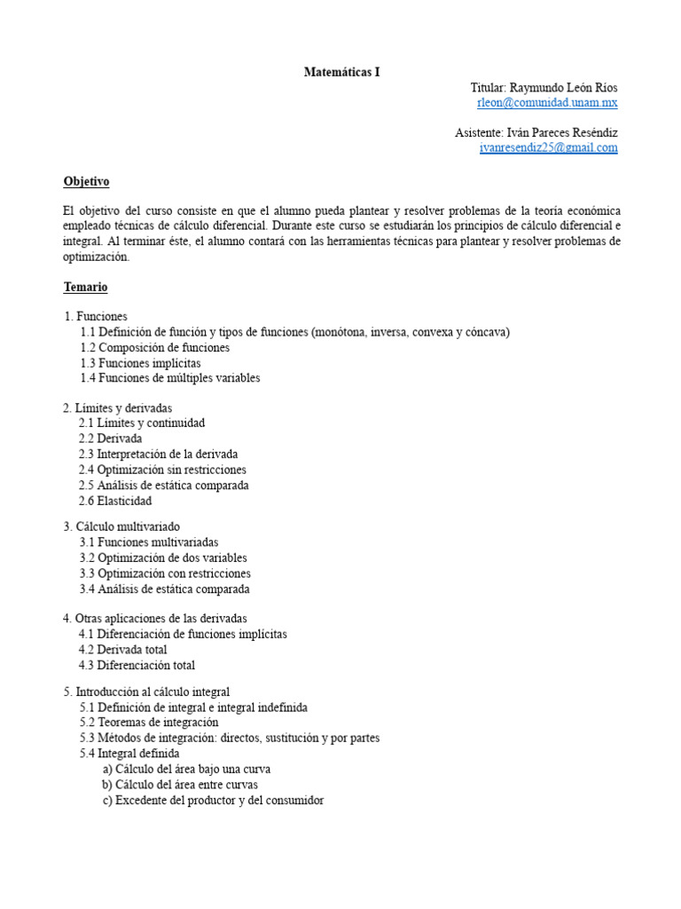 Temario Matemáticas I | PDF | Integral | Derivado