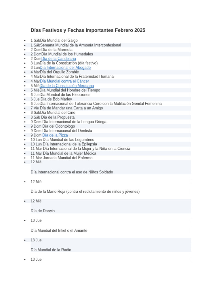 Fechas Importantes Febrero 2025 | PDF
