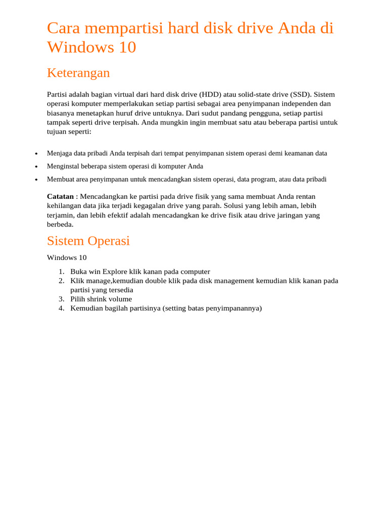 Panduan Partisi HDD di Windows 10 | PDF