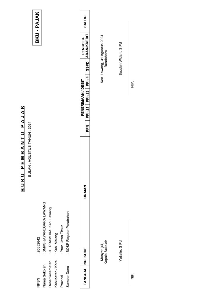 Buku Pembantu Pajak Agustus Bos Reg TH 2024 | PDF