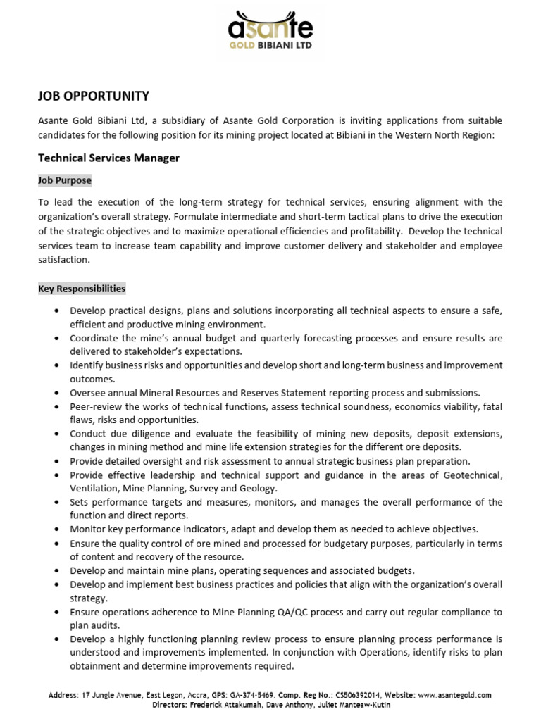 AGBL Job Advertisement - Tech Services Manager BA | PDF | Mining | Skill