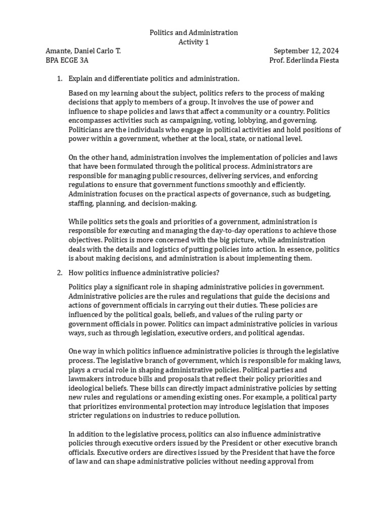 Politics and Administration - Activity - 1 - Amante | PDF | Policy ...