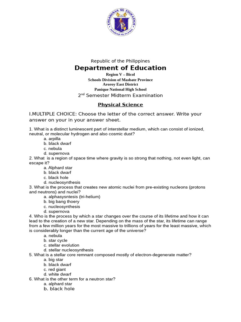 Physical Science Midterm Exam | PDF | Chemical Elements | Chemical Polarity