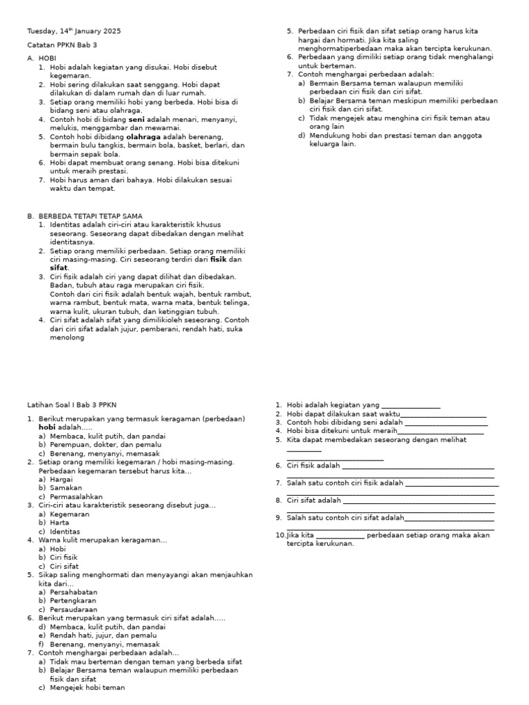 catatan ppkn bab 3 hobi dan berbeda (sm.2) | PDF