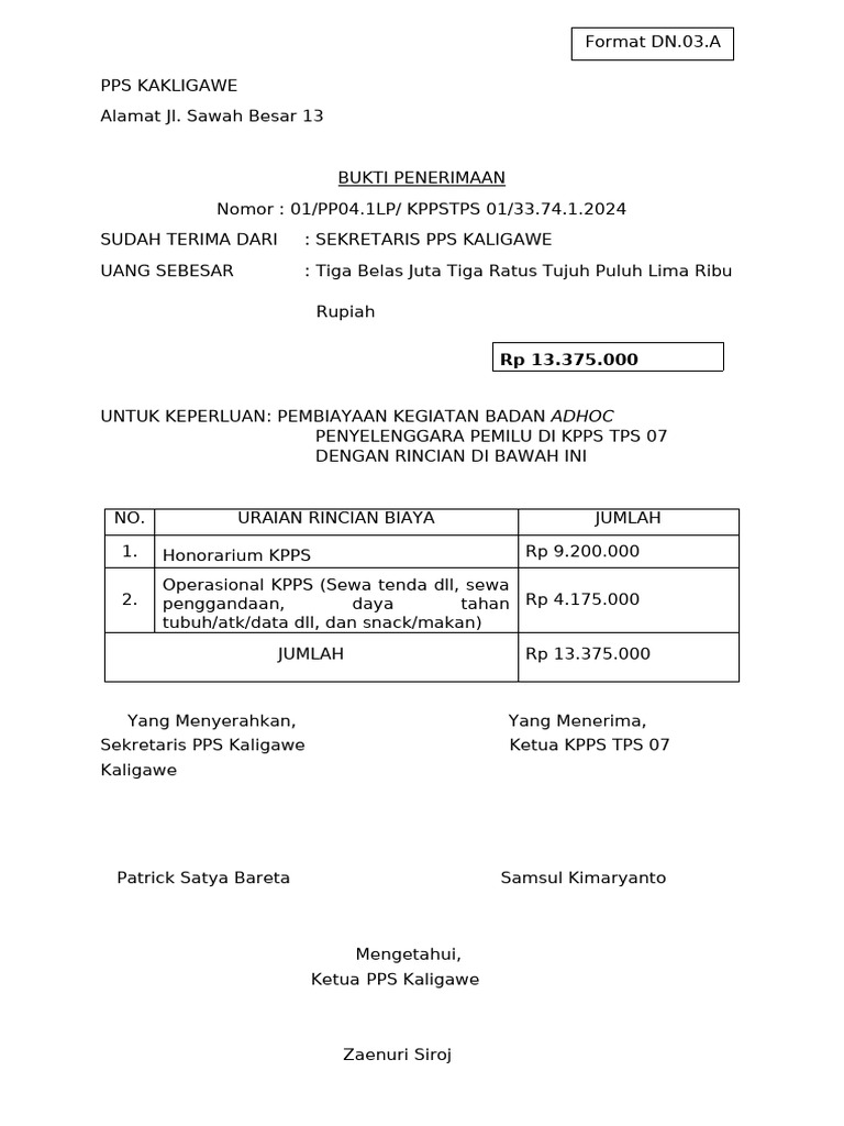 Bukti Penerimaan Dana Pada Tingkat KPPS (Format DN.03.a) | PDF