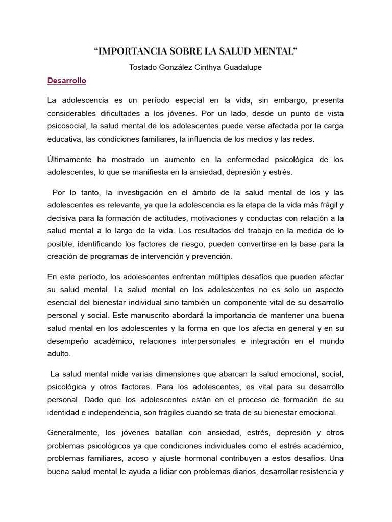 La Salud Mental" | PDF | Salud mental | Adolescencia