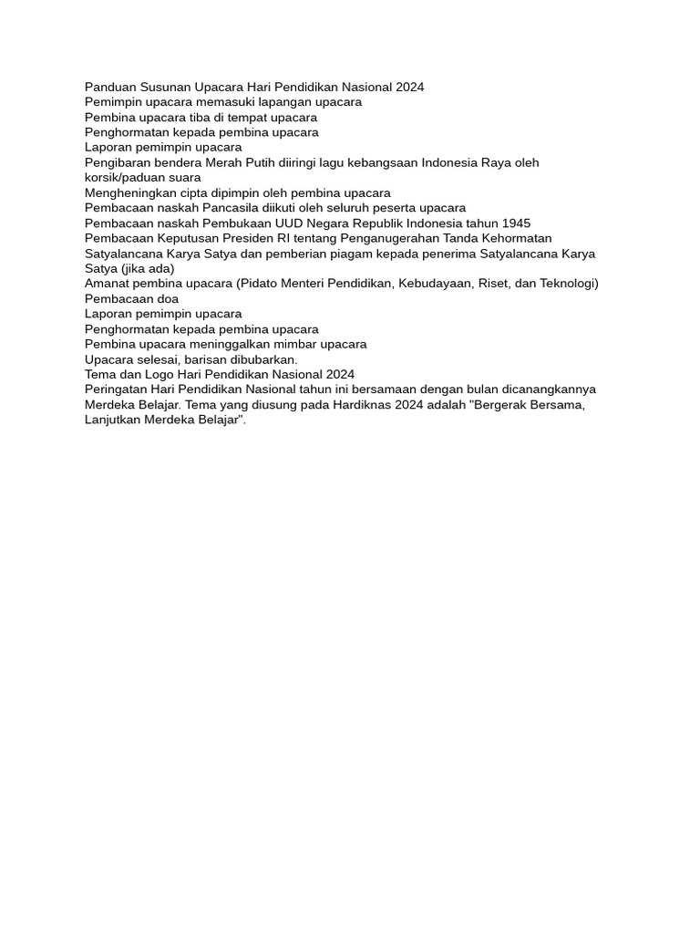Panduan Susunan Upacara Hari Pendidikan Nasional 2024 | PDF