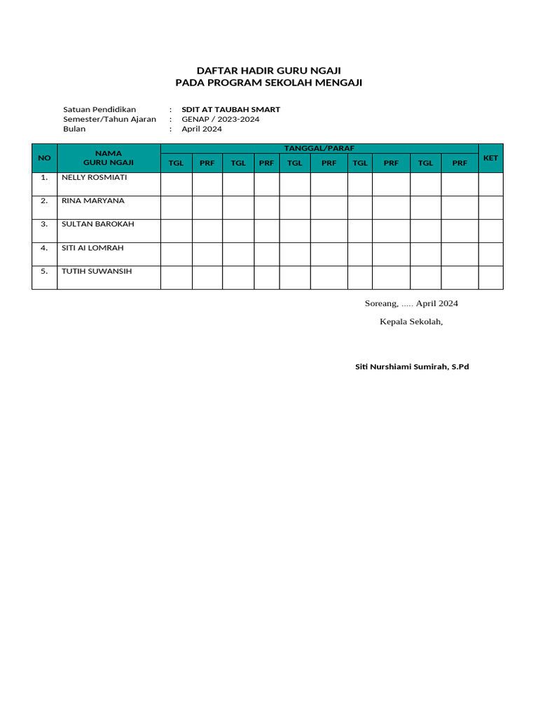 Atb Daftar Hadirguru Mengaji Ganjil 2022-2023 | PDF