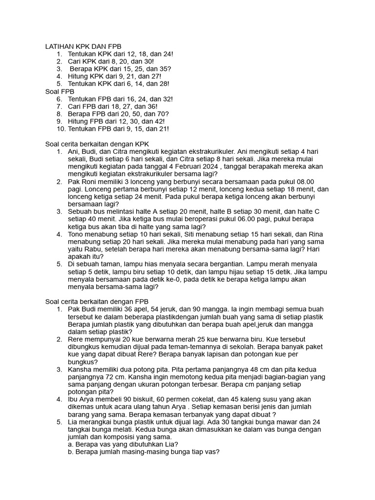 Latihan KPK Dan FPB Kelas 6 | PDF