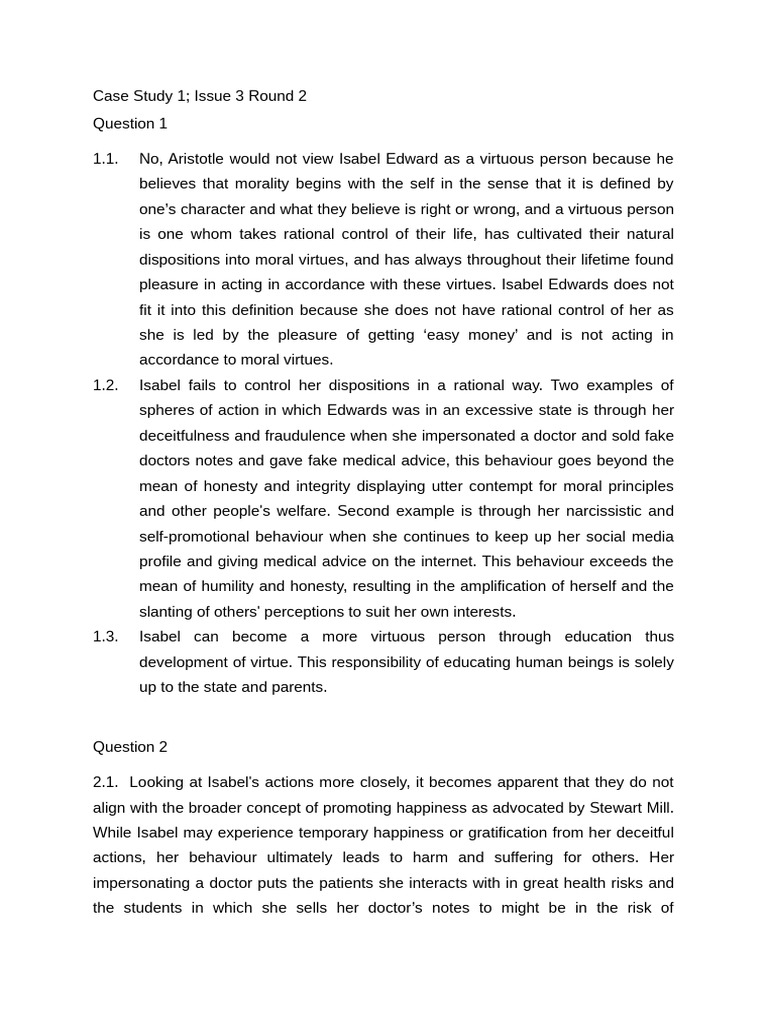 Case Study 1 Issue 3 Round 2 | PDF | Virtue | Utilitarianism