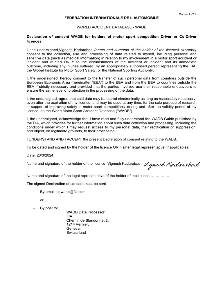 WADB Consent Declaration for Drivers | PDF | Fédération Internationale ...