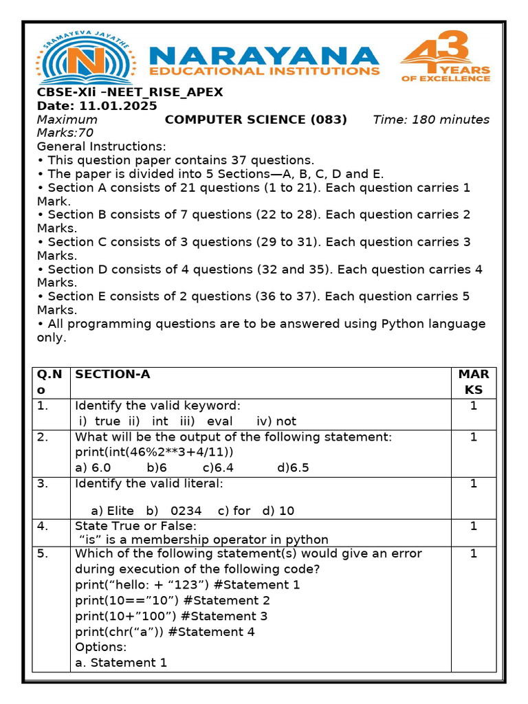 Co Cs Qpaper Class11 NeetA FP AA T | PDF | Mathematical Logic | Programming Paradigms