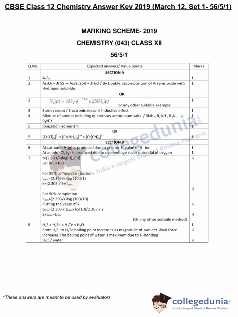 Chemistry Pyq 2019 Paper Answer Key | PDF
