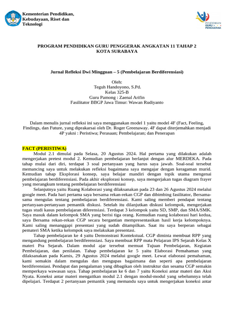 Teguh Jurnal Refleksi Dwi Mingguan – 5 Pembelajaran Berdiferensiasi | PDF