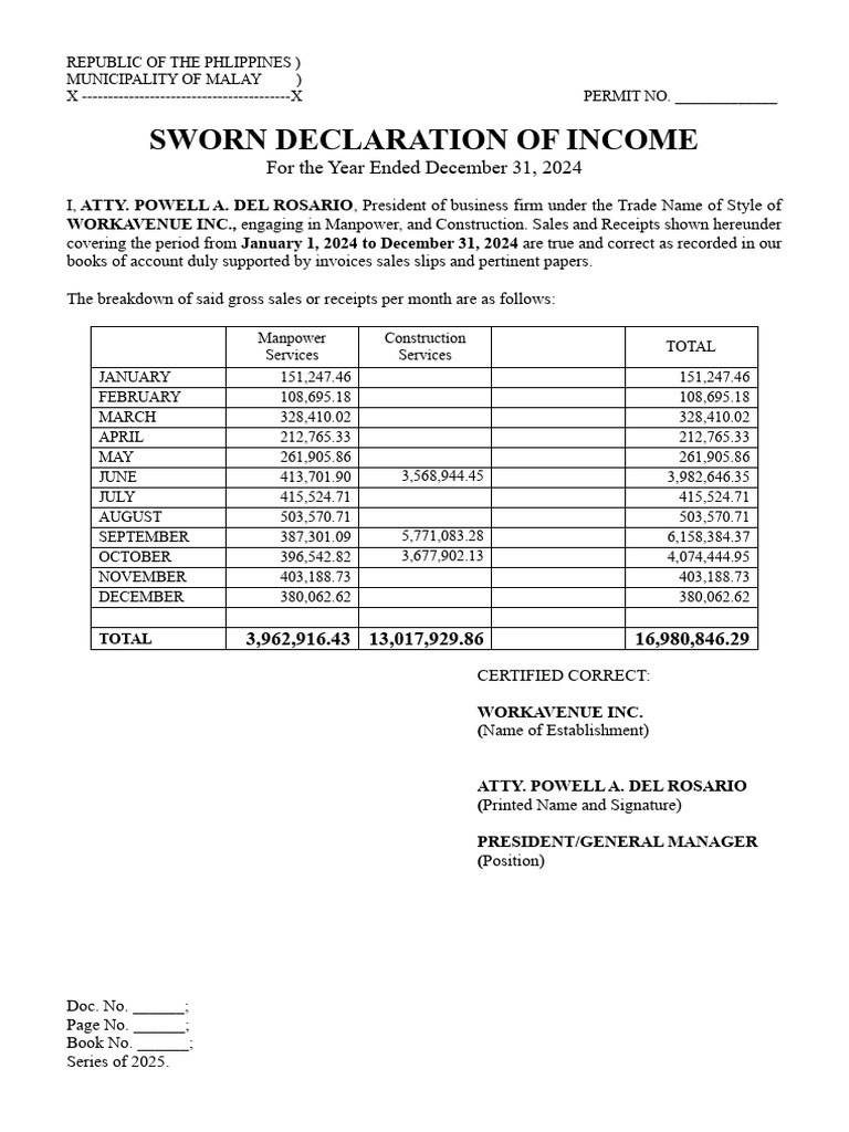 SWORN DECLARATION OF INCOME Bora 2024 | PDF | Evidence | Document