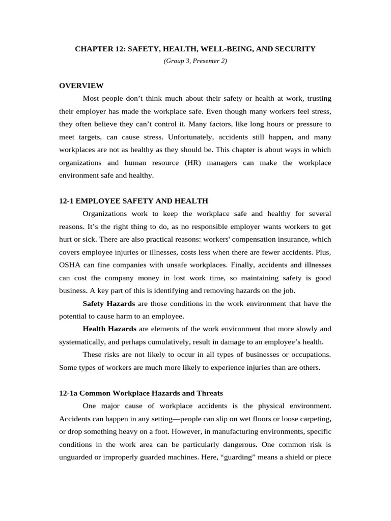 CHAPTER 12 Safe and Health L Report Summary | PDF | Occupational Safety ...