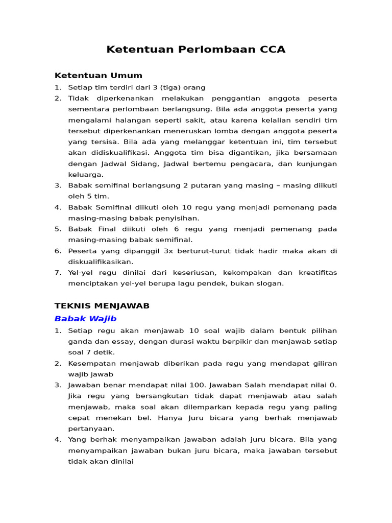 Ketentuan Perlombaan CCA | PDF