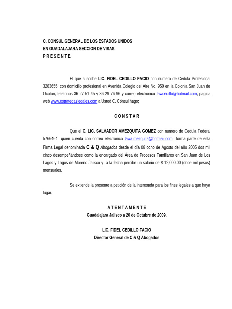 Carta de Chava para Visa 06.11.09 FC | PDF