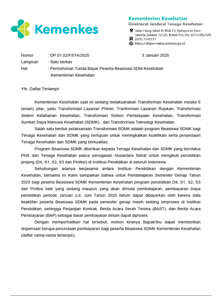 Surat Tunda Bayar Beasiswa SDM Semester Genap Tahun 2025 | PDF