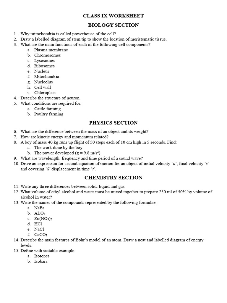 Class IX Science Worksheet | PDF