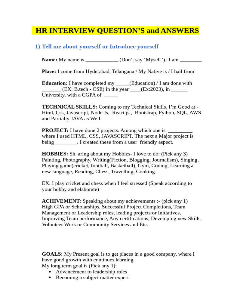 Hr Interview Questions | PDF | Leadership