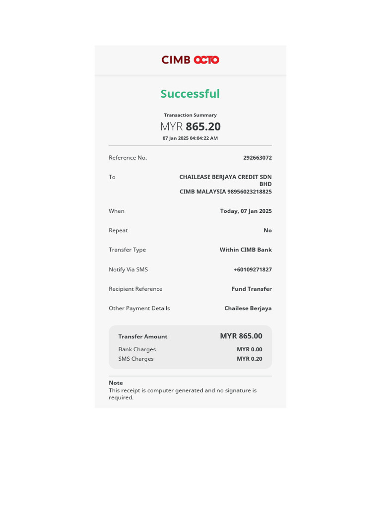 CIMB Transfer Receipt Summary | PDF