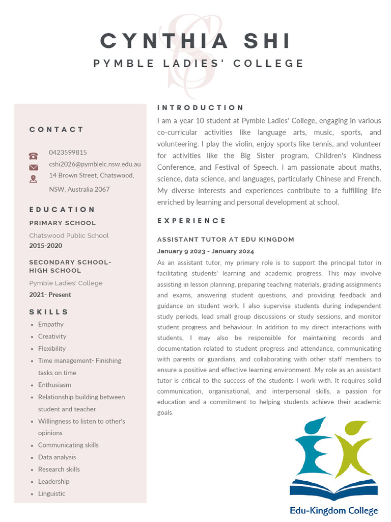 Resume- Cynthia Shi | PDF | Schools | Mathematics