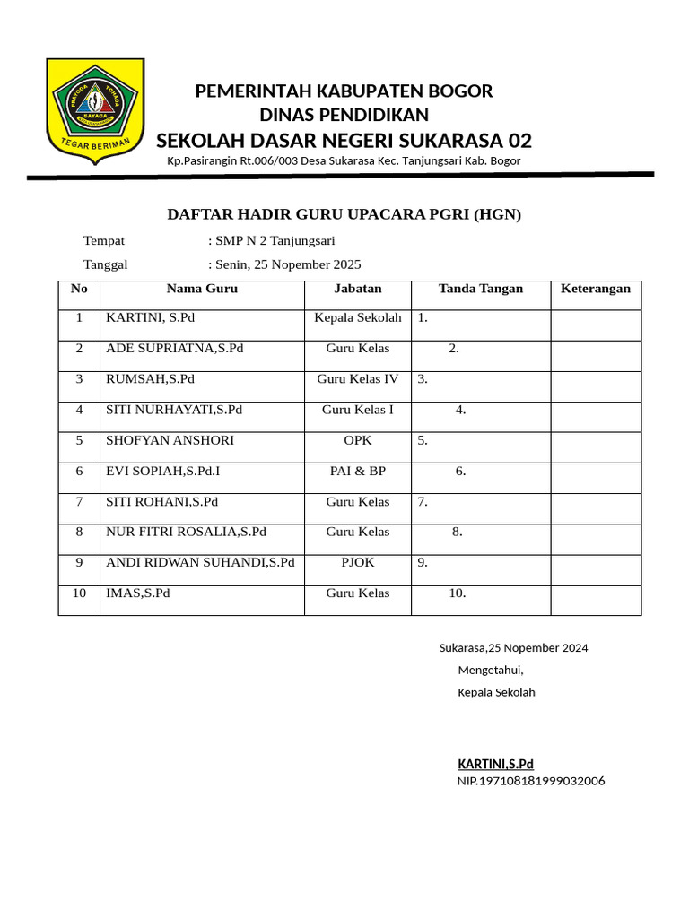 Daftar Hadir Upacara Pgri | PDF