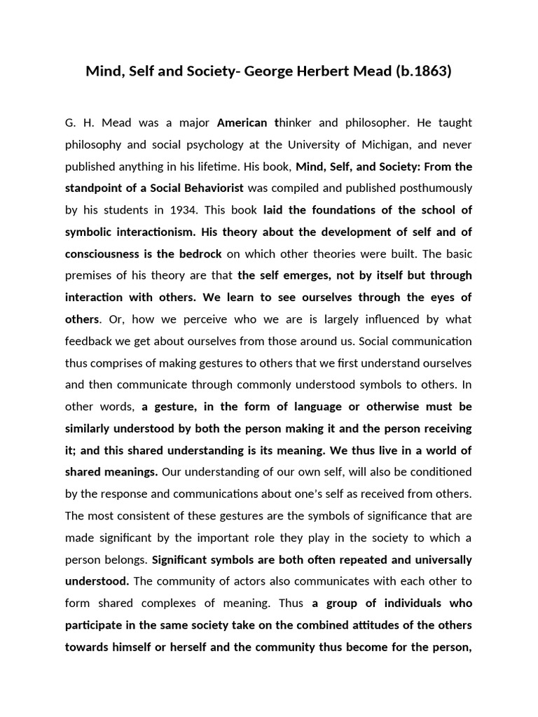 Mead's Mind, Self, and Society Explained | PDF | Mind | Psychology