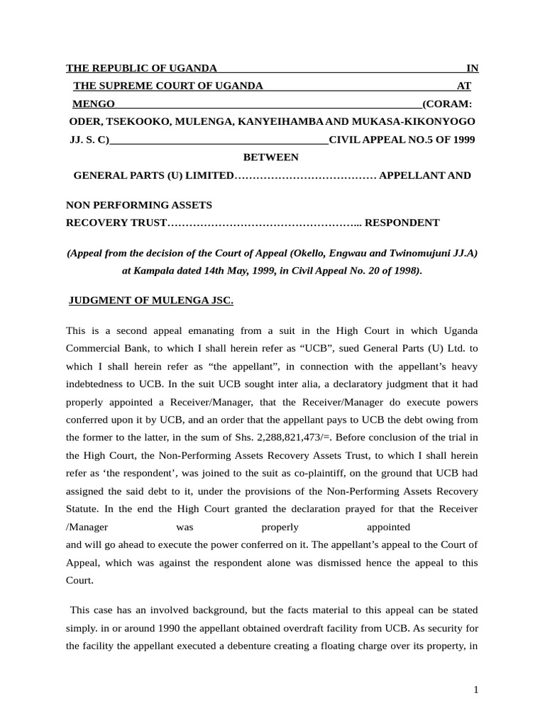 General Parts (U) Ltd. Appeal Judgment | PDF | Mortgage Law | Judgment ...